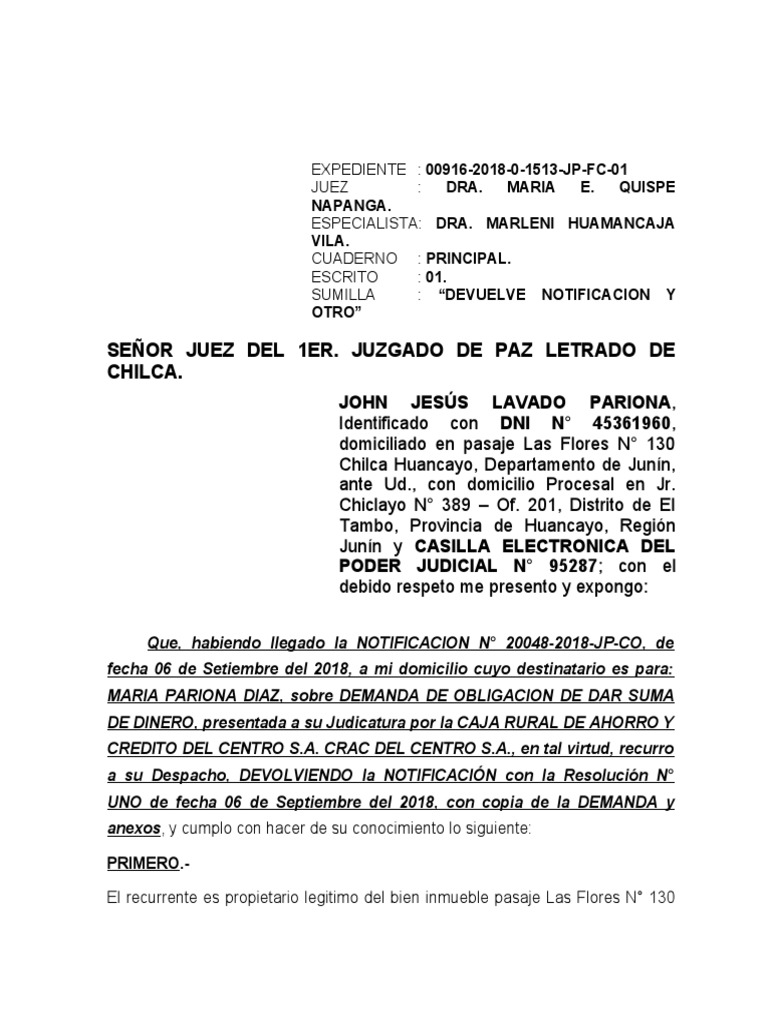 Devuelvo Notificacion Obligacion de Dar Suma de Dinero | PDF | Esfera pública | Instituciones ...