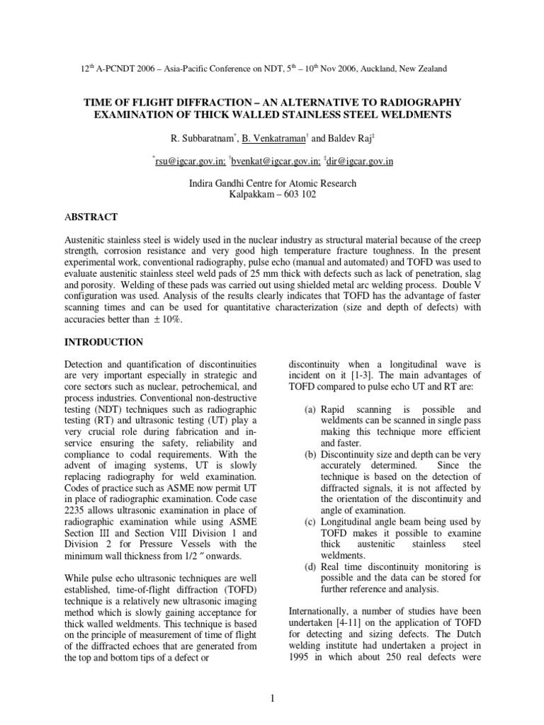 Time of Flight Diffraction - An Alternative To Radiography For ...