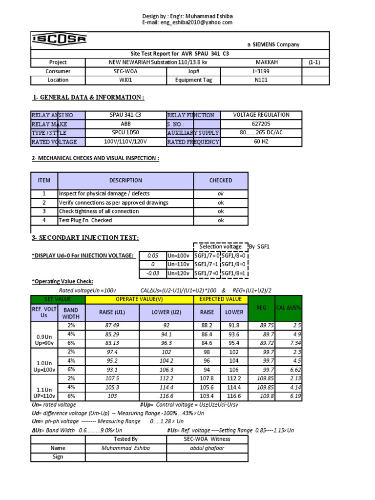 Site Test Report For AVR SPAU 341 C3 | PDF | Mains Electricity | Voltage