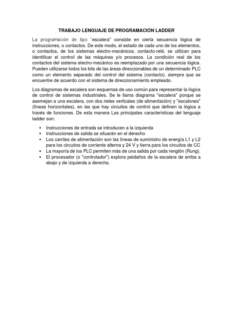 Trabajo Lenguaje de Programación Ladder | PDF | Controlador lógico ...