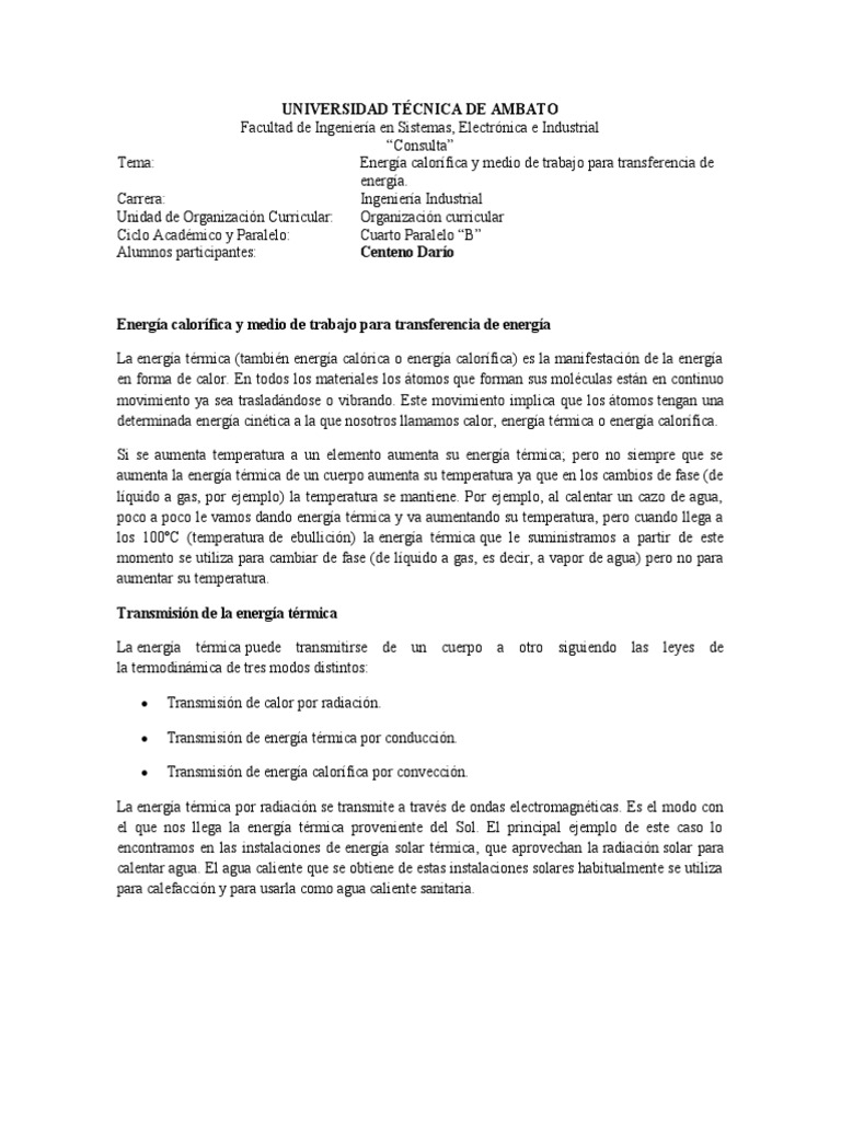Energía calorífica y medios de transferencia | PDF | Calor | Temperatura