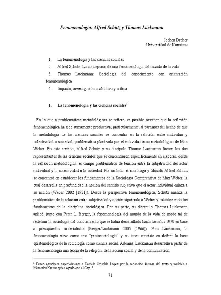 Fenomenología Alfred Schutz y Thomas Luckmann Jochen Drecher | PDF ...