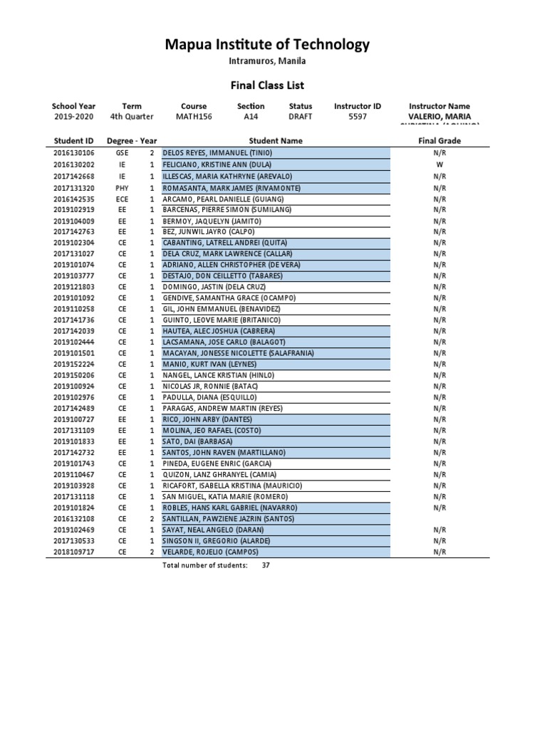 Mapua Institute of Technology: Final Class List | PDF