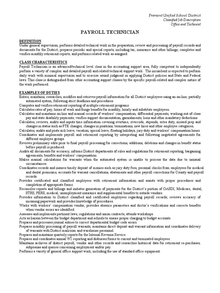 Payroll Technician: Classified Job Description Office and Technical ...
