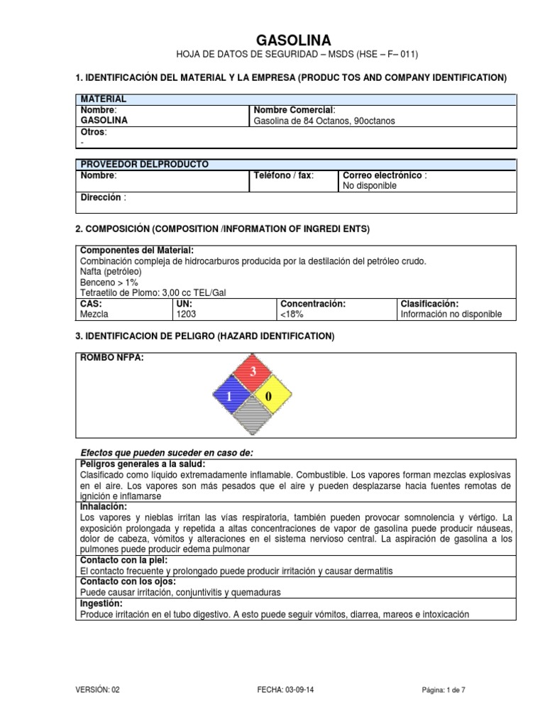 42 - MSDS Gasolina 84, 90 | PDF | Gasolina | Agua