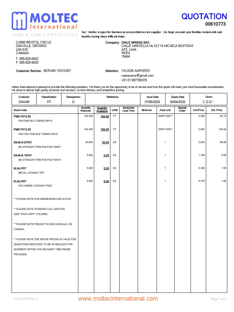 Quotation: Wire & Cable Protection | PDF | Cargo | Receipt