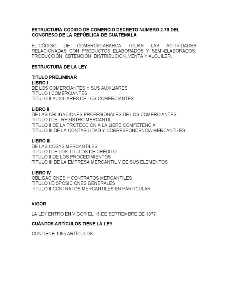 Estructura del Código de Comercio en Guatemala | PDF