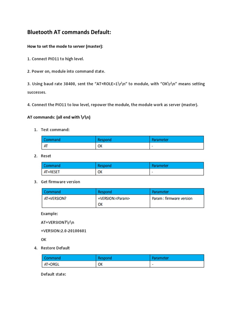 Bluetooth AT Commands Default:: How To Set The Mode To Server (Master ...
