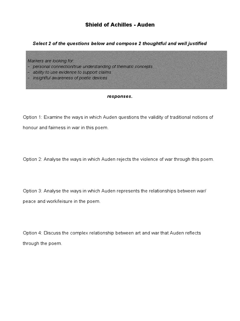 Shield of Achilles - Auden: Select 2 of The Questions Below and Compose ...