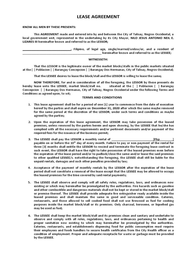 Lease Agreement for Market Stall | PDF | Lease | Government