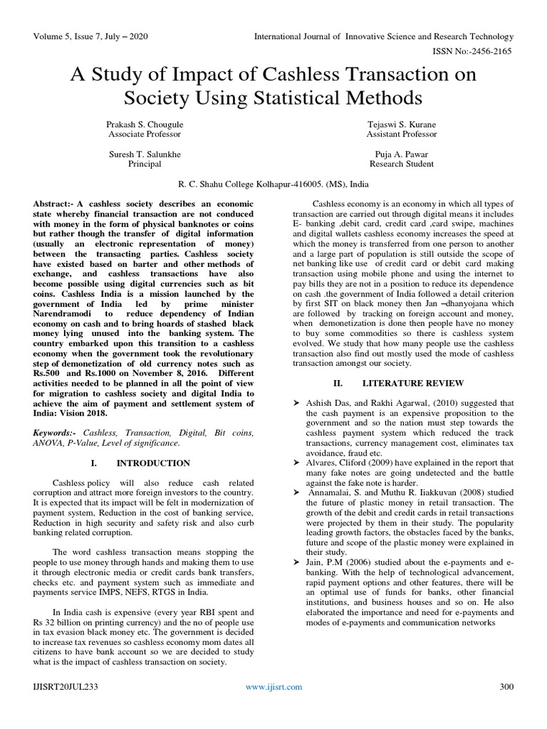 A Study of Impact of Cashless Transaction On Society Using Statistical ...