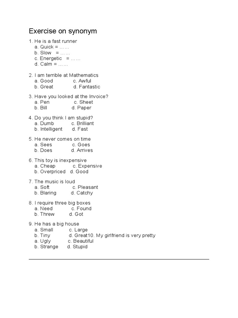 Synonym Exercise Worksheet | PDF