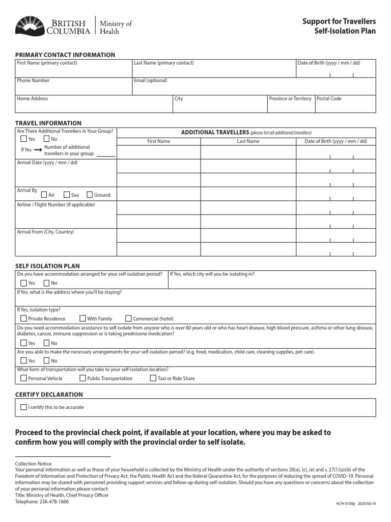 Support For Travellers Self-Isolation Plan: Primary Contact Information ...