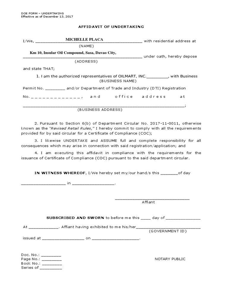 Affidavit of Undertaking | PDF