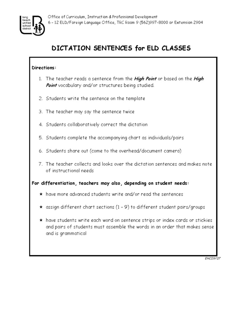 Dictation Sentences For Eld Classes: High Point High Point | PDF | Word ...