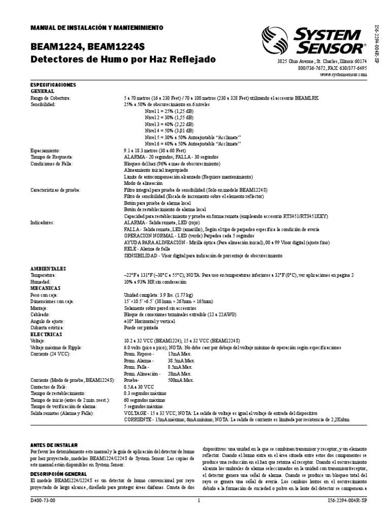 I56-2294-004R-SP BEAM1224, BEAM1224S Detectores de Humo Por Haz Reflejado Manual de Instalacion ...