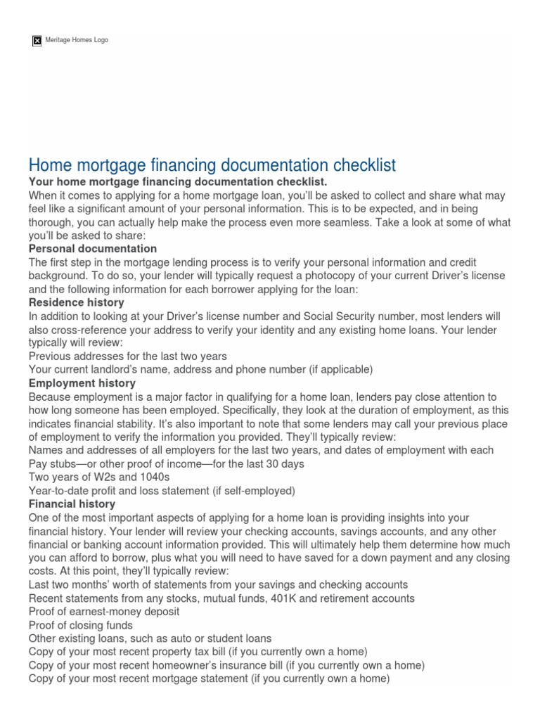 Home Mortgage Financing Documentation Checklist: Buyer Resources ...
