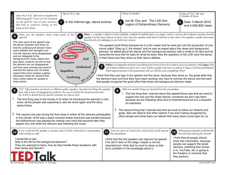 TedTalkworksheet, in The Internet Age, Dance Evolves PDF | PDF ...