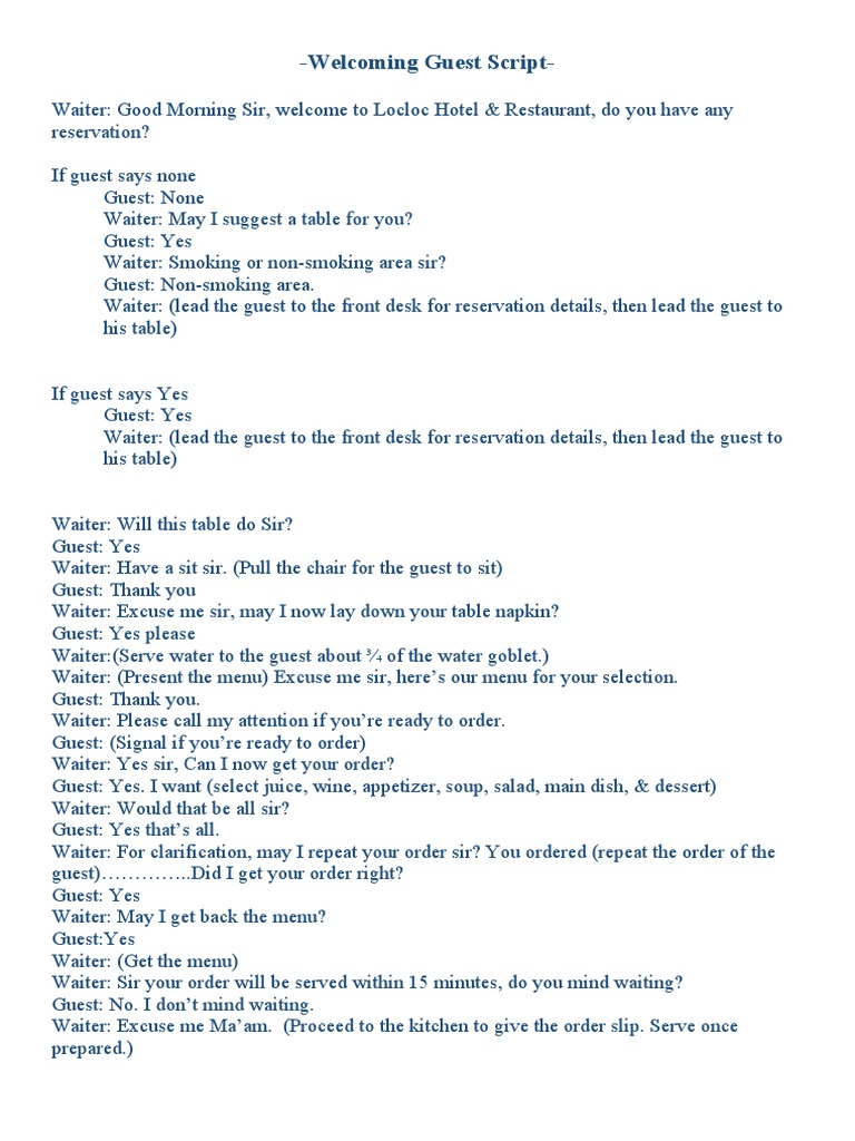 Welcoming Guest Script | Download Free PDF | Tableware | Waiting Staff