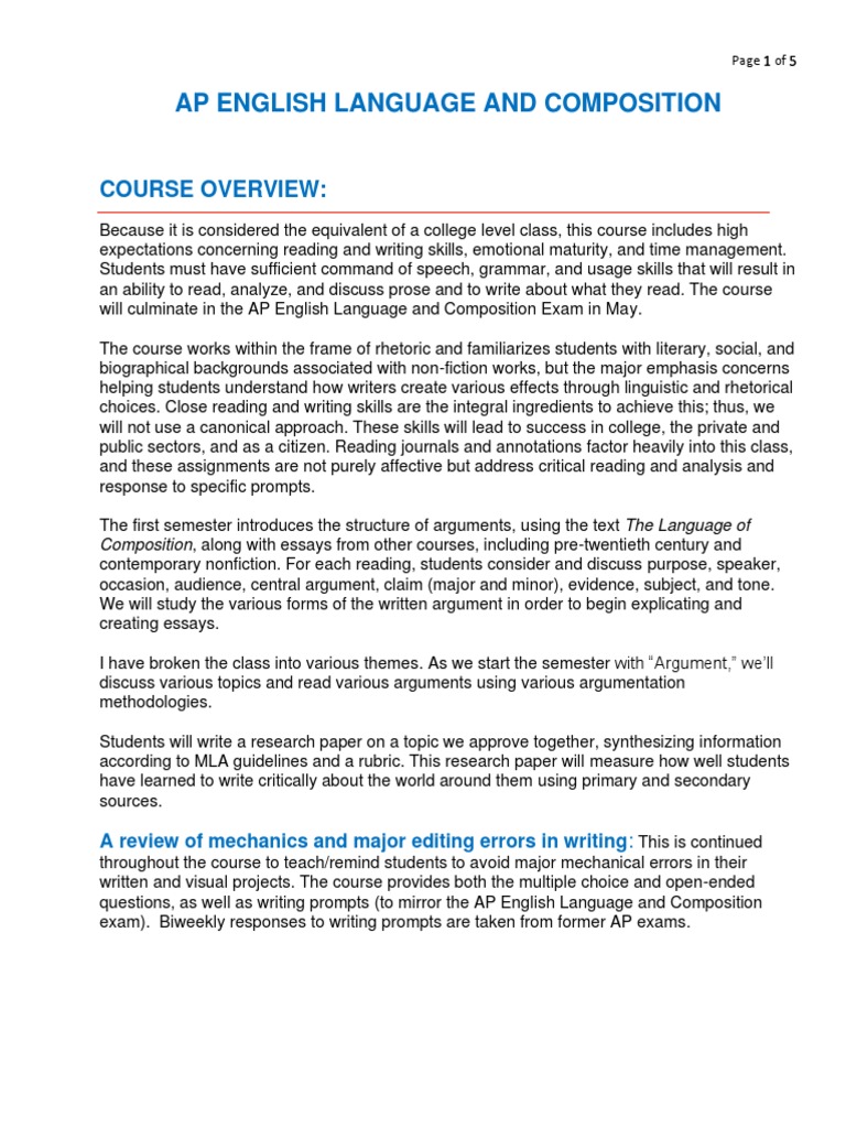 AP English Language and Composition Course Outline | PDF | Rhetoric ...