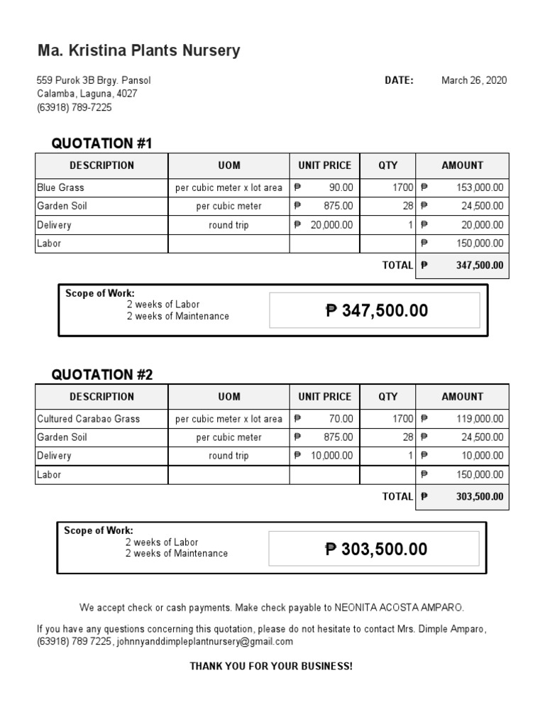 Ma. Kristina Plants Nursery: Quotation #1 | PDF