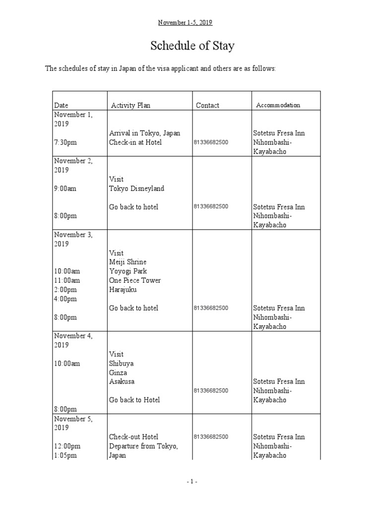 Schedule of Stay November 1 To 5 2019 | PDF