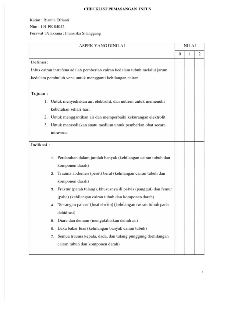 Lembar Checklist Pemasangan Infus (Rianita Efrianti) PDF | PDF