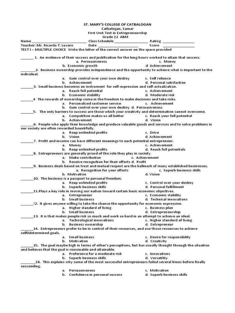 1st Unit Test ABM | PDF | Entrepreneurship | Motivation