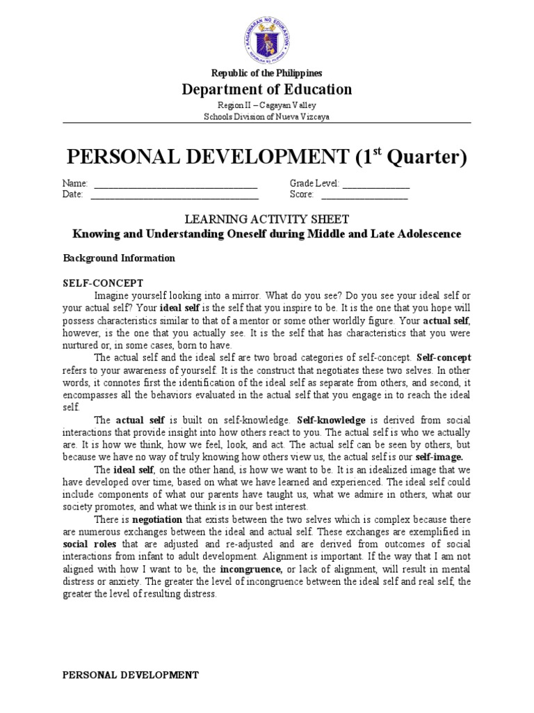 Personal Development (1 Quarter) : Department of Education | PDF | Self ...