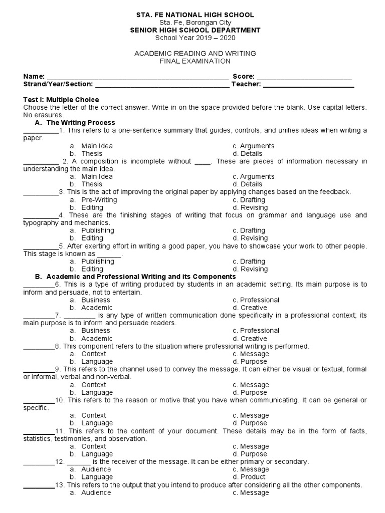 Grade 11 Academic Writing Final Exam | PDF | Cognition | Communication