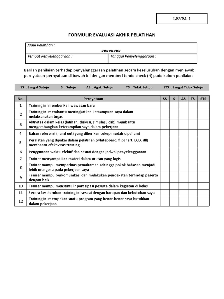 Form Evaluasi Training - LEVEL 1 REV | PDF