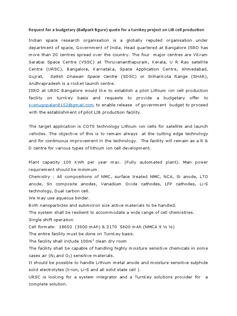 Request For A Budgetary Quote For A Turnkey Project | PDF