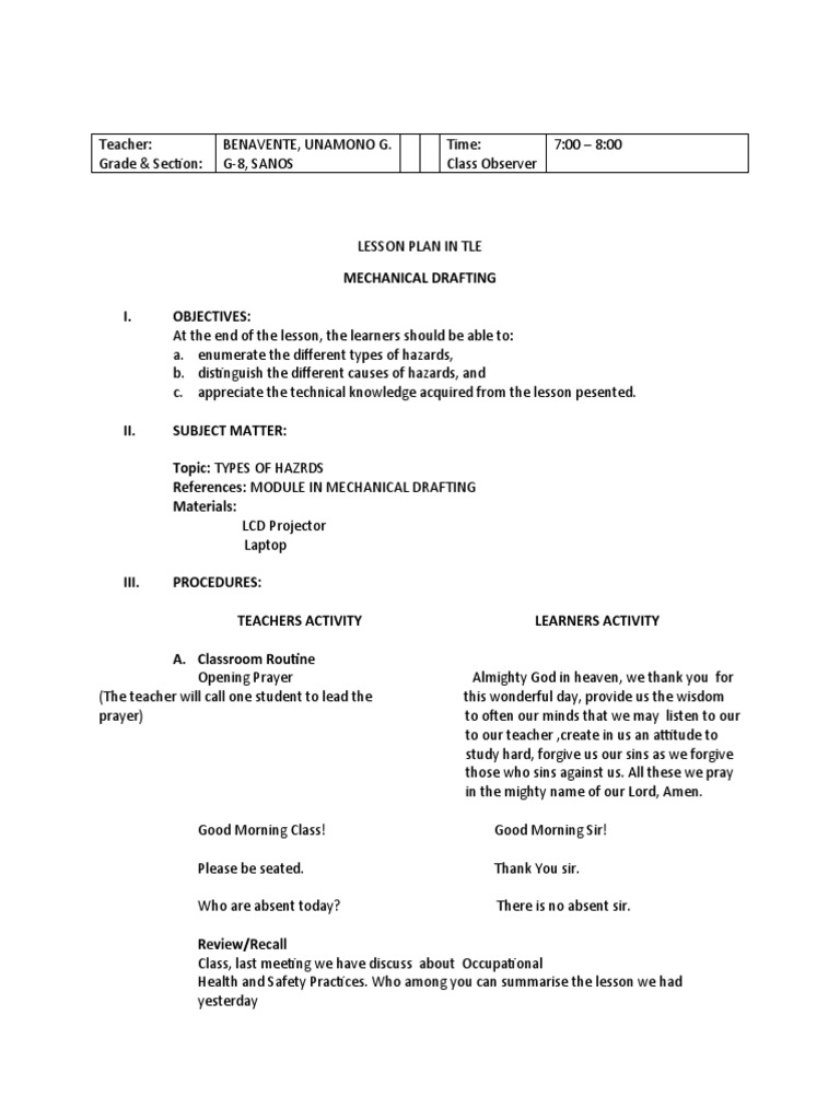 Lesson - Plan - in - Tle - Mechanical Drafting, Types of Hazards | PDF ...