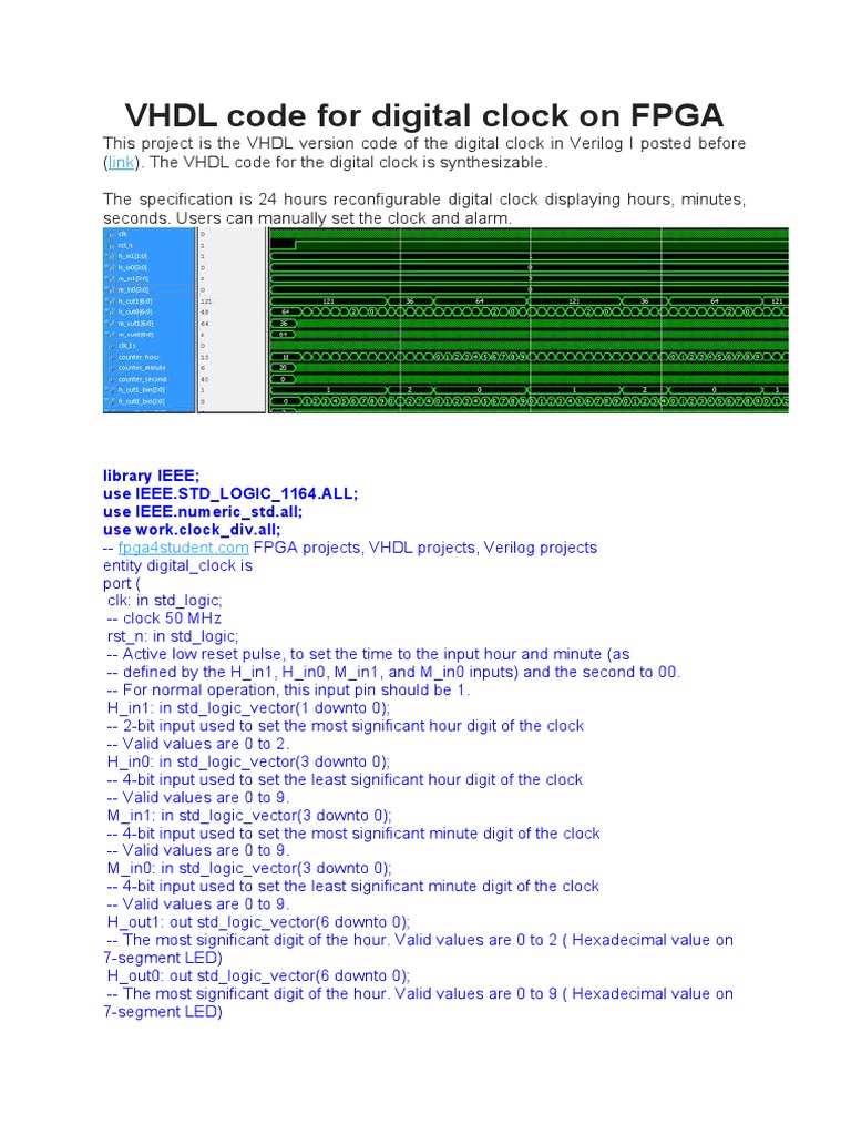 VHDL Code For Digital Clock On FPGA | PDF | Vhdl | Field Programmable Gate Array
