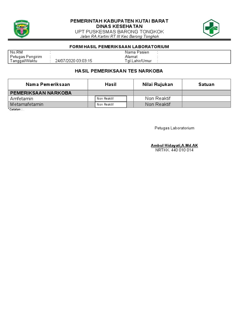 Form Hasil Lab Narkoba | PDF