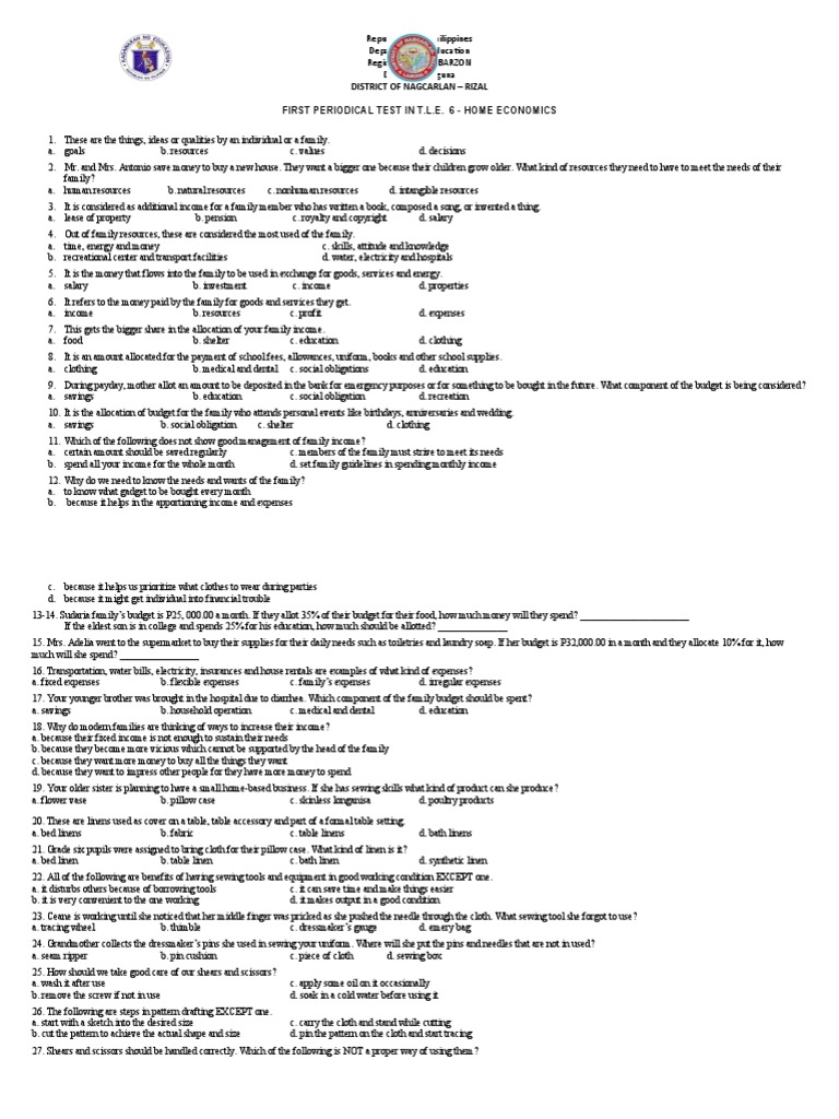 Periodical Test in Tle-Home Economics 6 | PDF | Resource | Foods Periodical Test in Tle-Home Economics 6 | PDF | Resource | Foods