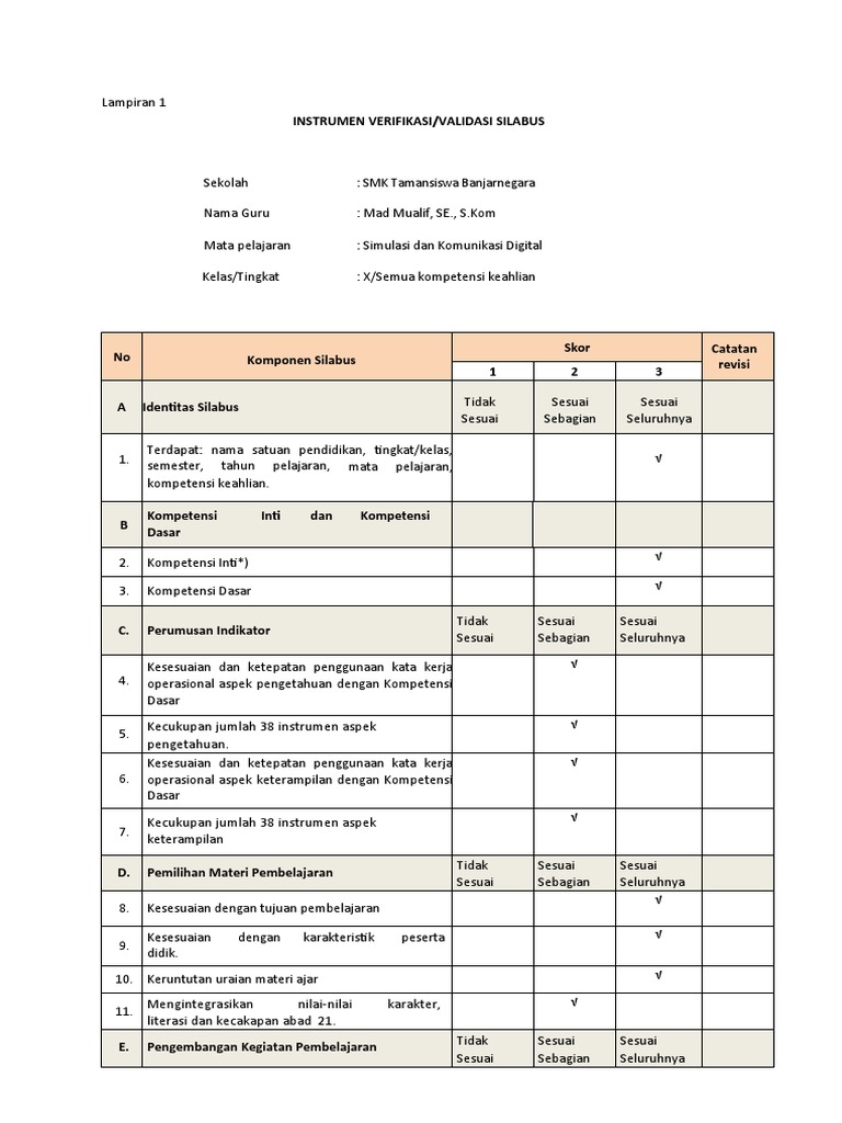 Instrumen Validasi Silabus Simkomdig | PDF