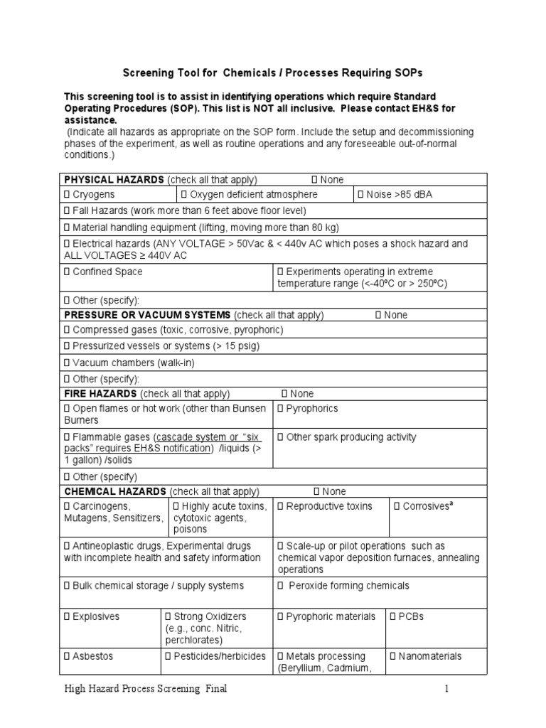 Screening Tool For Chemicals / Processes Requiring Sops: High Hazard ...