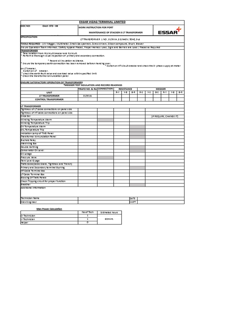 ST-3 Trafo Check List | PDF | Transformer | Components
