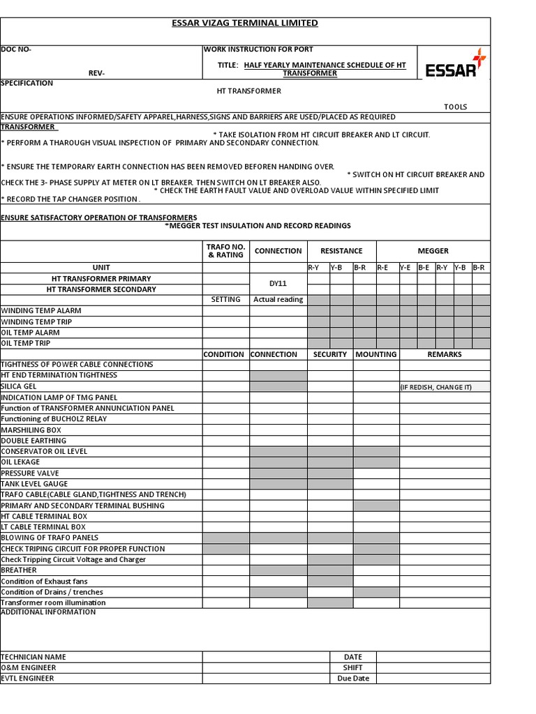 Trafo Check List | PDF | Transformer | Power Engineering