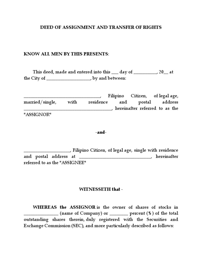 Deed of Assignment Shares - Template | PDF | Assignment (Law) | Private Law
