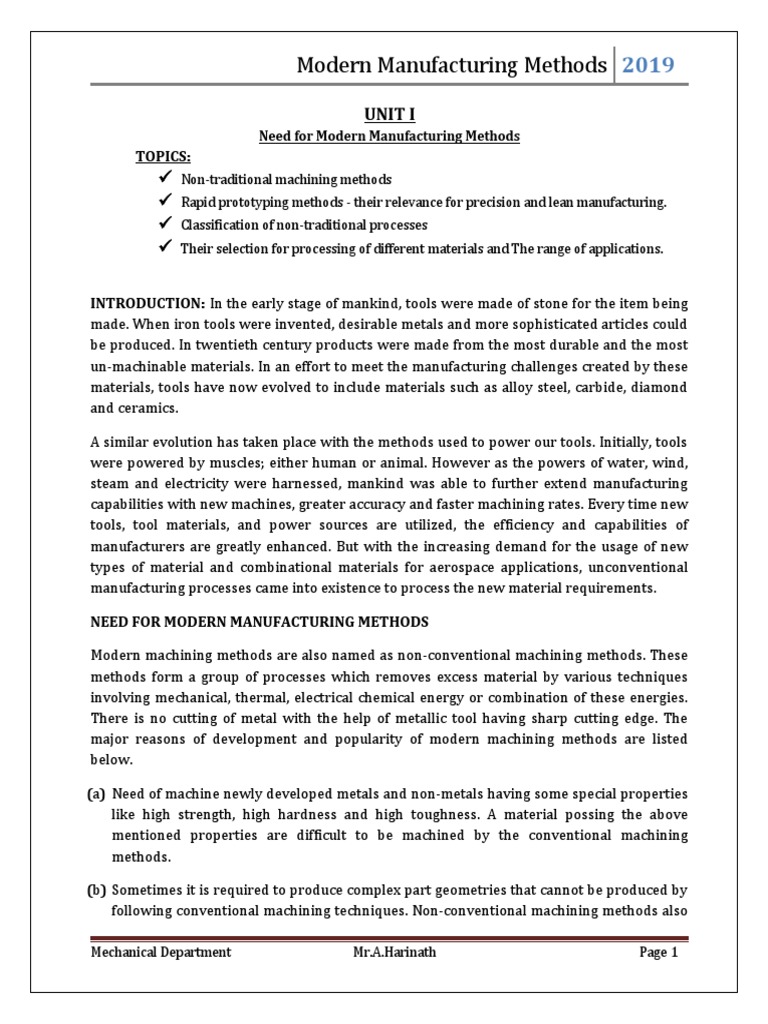 Modern Manufacturing Methods: Unit I | PDF | Machining | Business Process