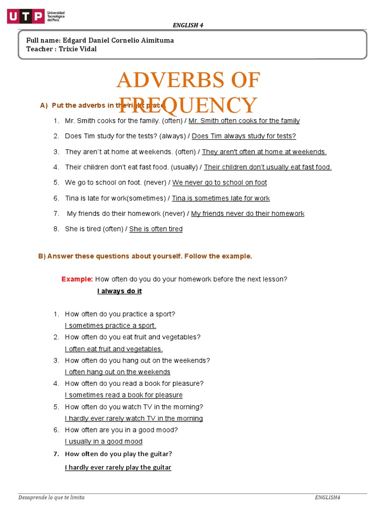 Adverbs of Frequency: Full Name: Edgard Daniel Cornelio Aimituma Teacher: Trixie Vidal | PDF