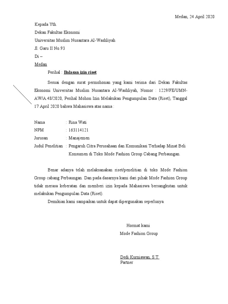 Surat Balasan Izin Riset | PDF