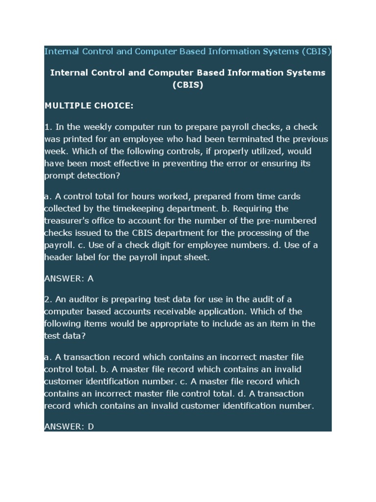 Internal Control and Computer Based Information Systems (CBIS) Multiple ...