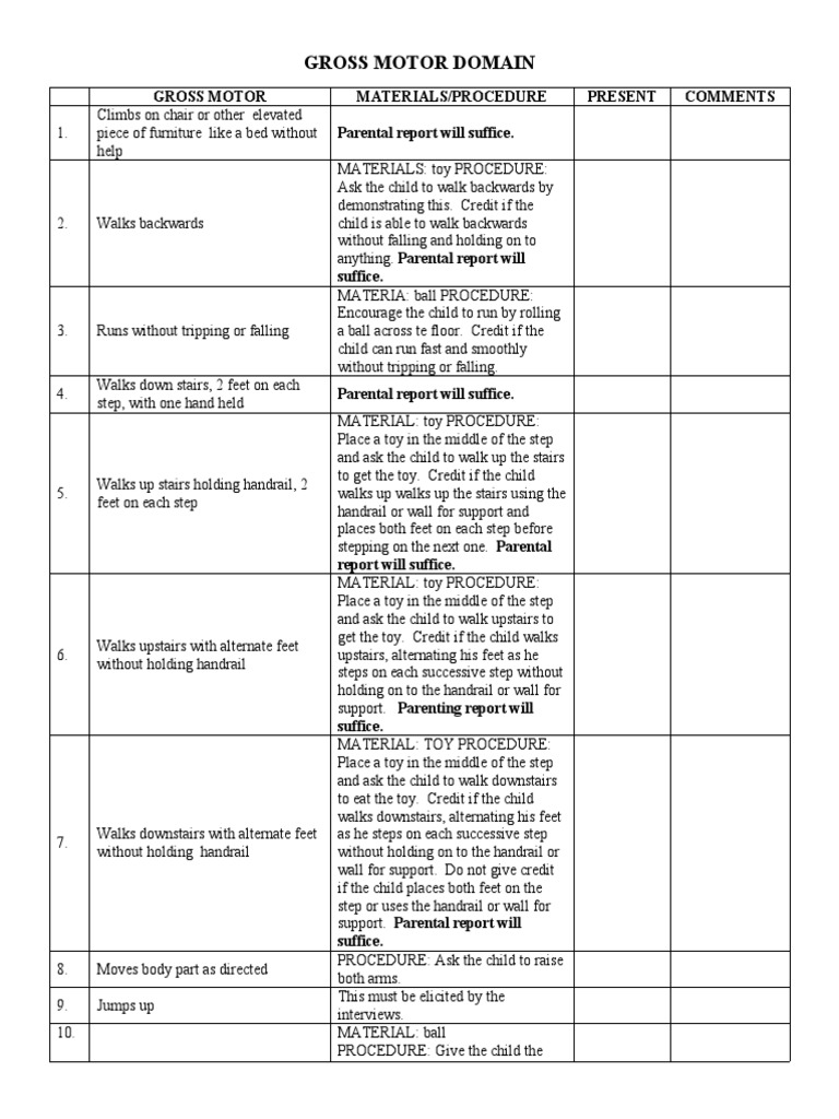Gross Motor Domain: Gross Motor Materials/Procedure Present Comments ...
