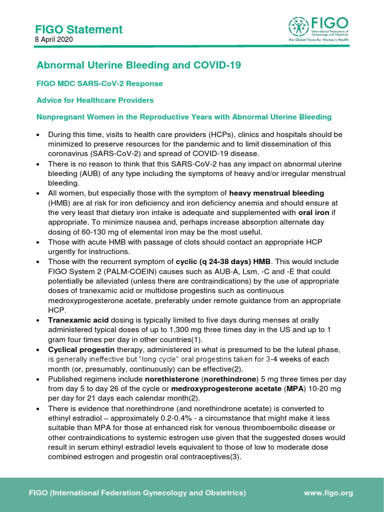 FIGO Statement: Abnormal Uterine Bleeding and COVID-19 | PDF ...