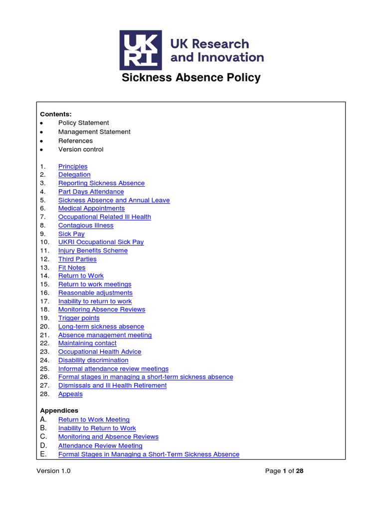 UKRI Sickness Absence Policy Overview | PDF | Employment | Occupational ...