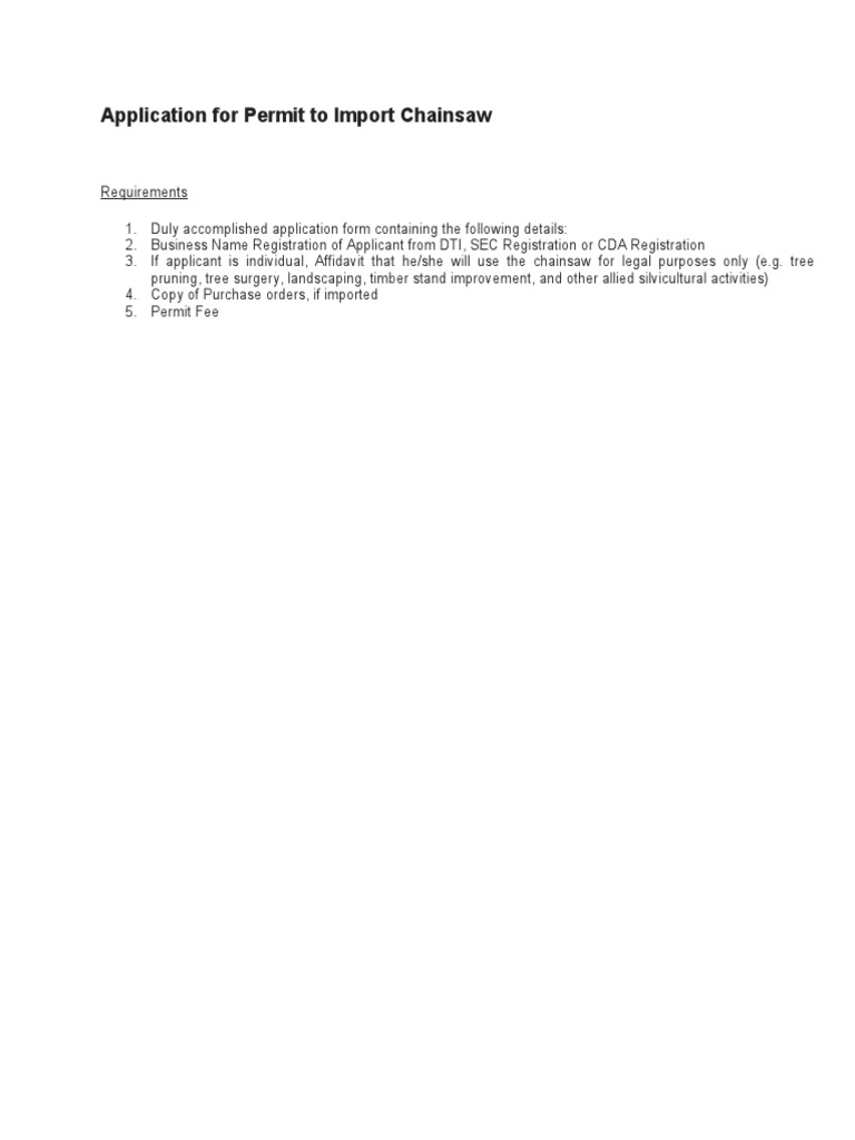 Application For Permit To Import Chainsaw | PDF