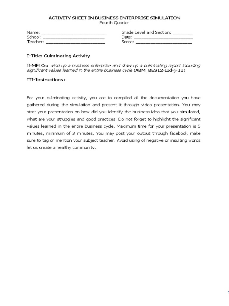Activity Sheet in Business Enterprise Simulation | PDF | Learning ...